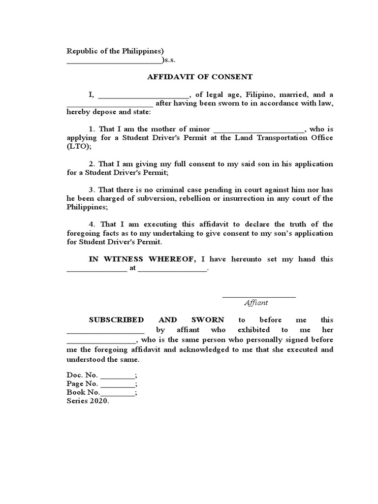 Affidavit of Consent To Apply For Student Driver's Permit | PDF