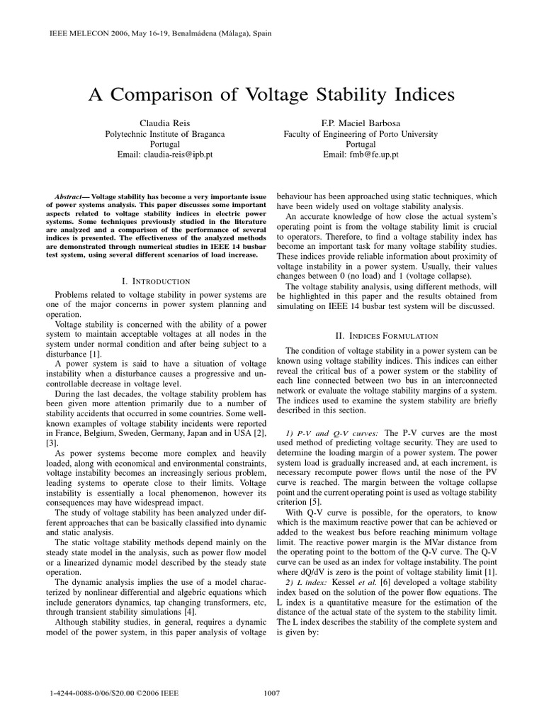 A Comparison of Voltage Stability Indices PDF | PDF | Stability Theory | Eigenvalues And ...