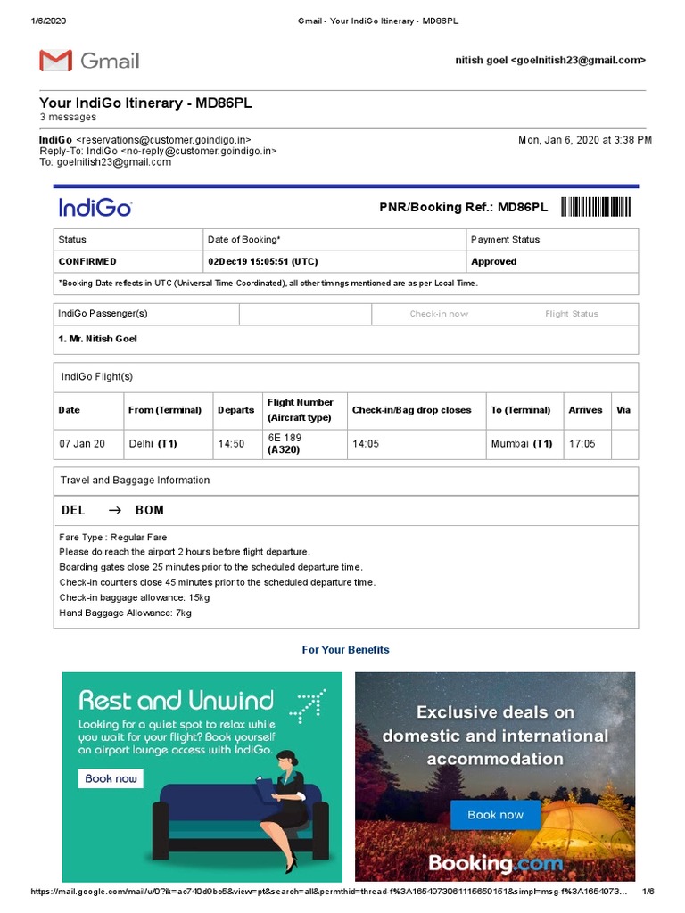Your Indigo Itinerary - Md86Pl | PDF