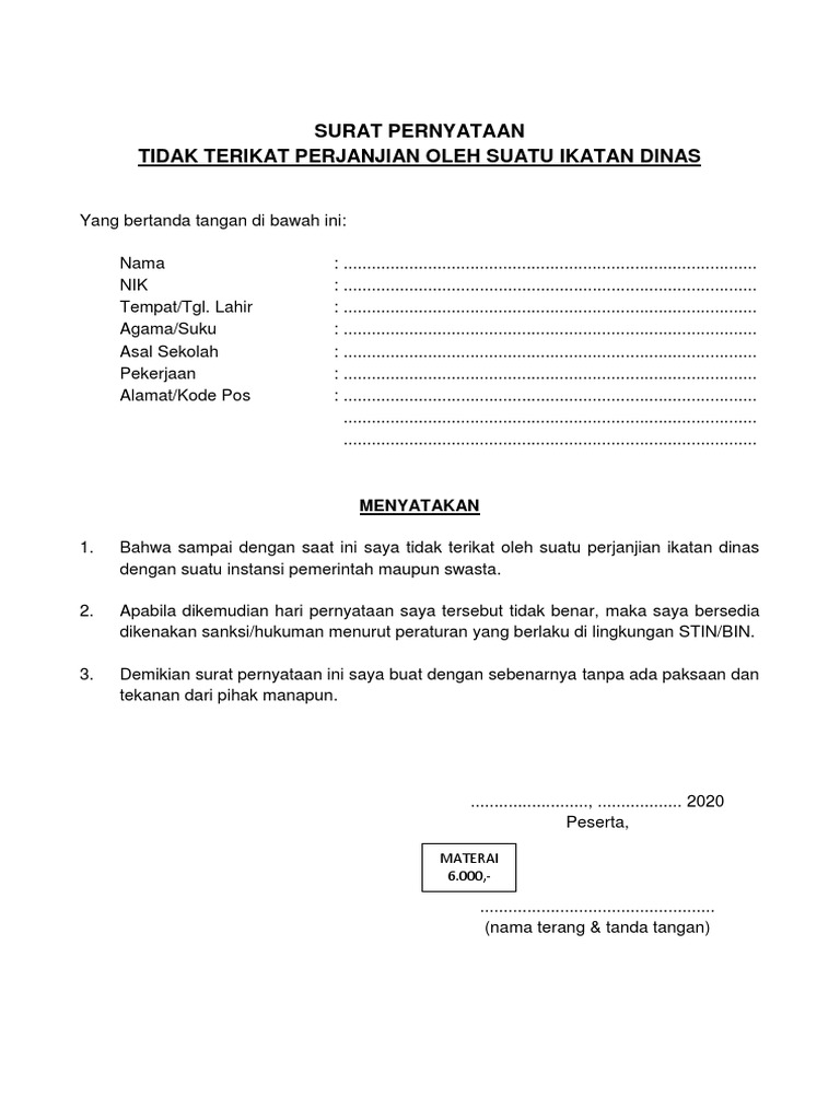 Surat Pernyataan Tidak Terikat Perjanjian Oleh Suatu Ikatan Dinas Pdf Pdf