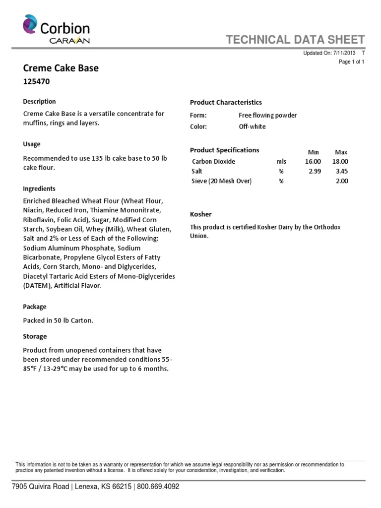 Creme Cake Base: Technical Data Sheet | PDF | Flour | Foods