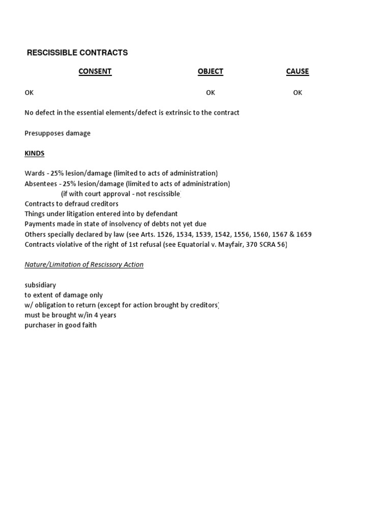 Oblicon - Handout - Rescissible Contracts | PDF