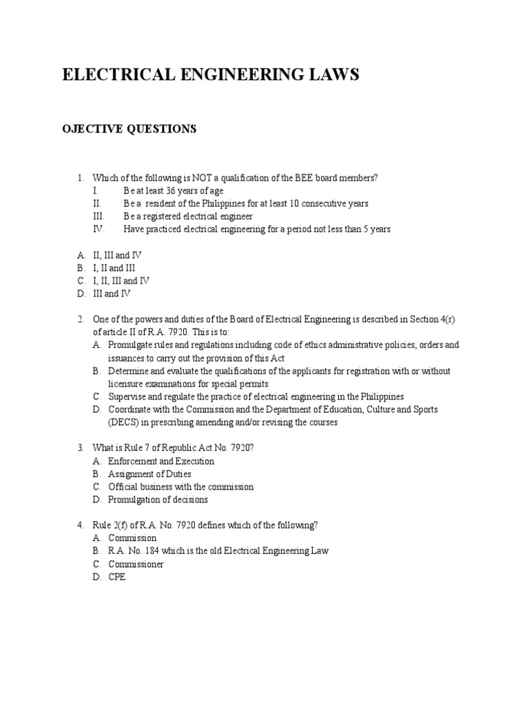 Electrical Engineering Laws: Ojective Questions | PDF | Electrician ...