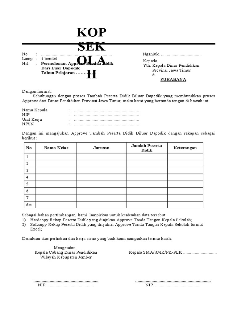 Surat Permohonan Approve Tambah PD 2020 Diluar Dapodik | PDF Surat Permohonan Approve Tambah PD 2020 Diluar Dapodik | PDF