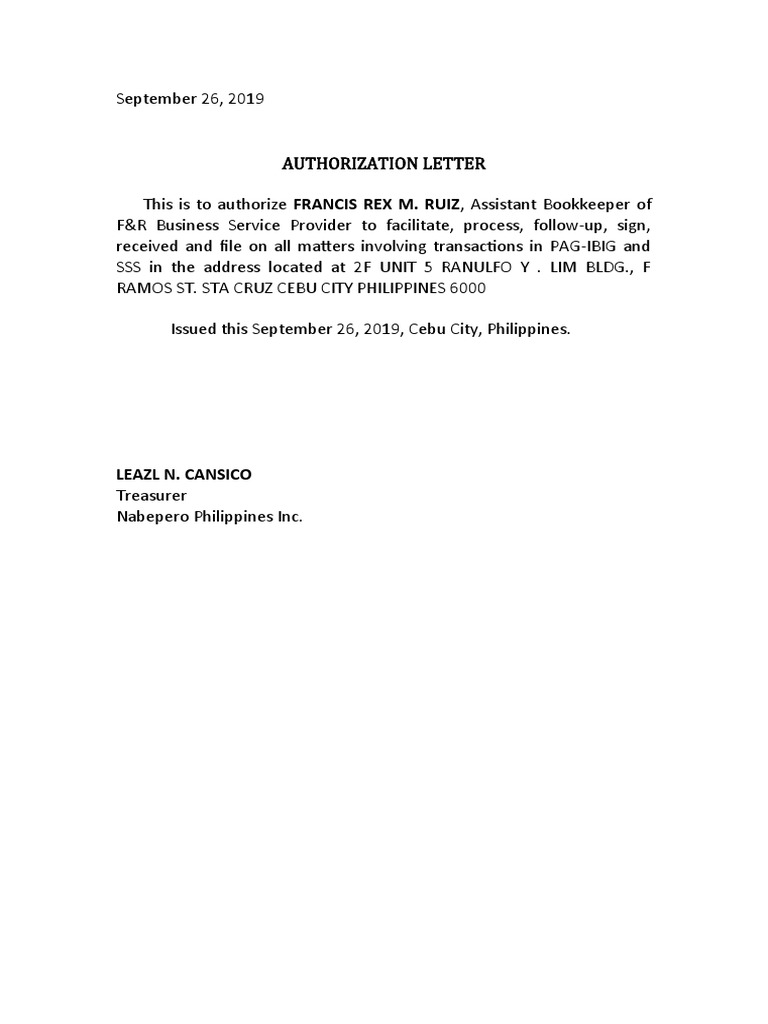Authorization Letter For Blue Card SSS For OEC | PDF