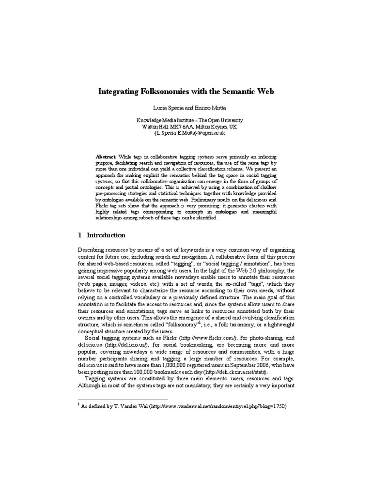 Integrating Folksonomies With The Semantic Web Lucia Specia and Enrico Motta | PDF | Tag ...