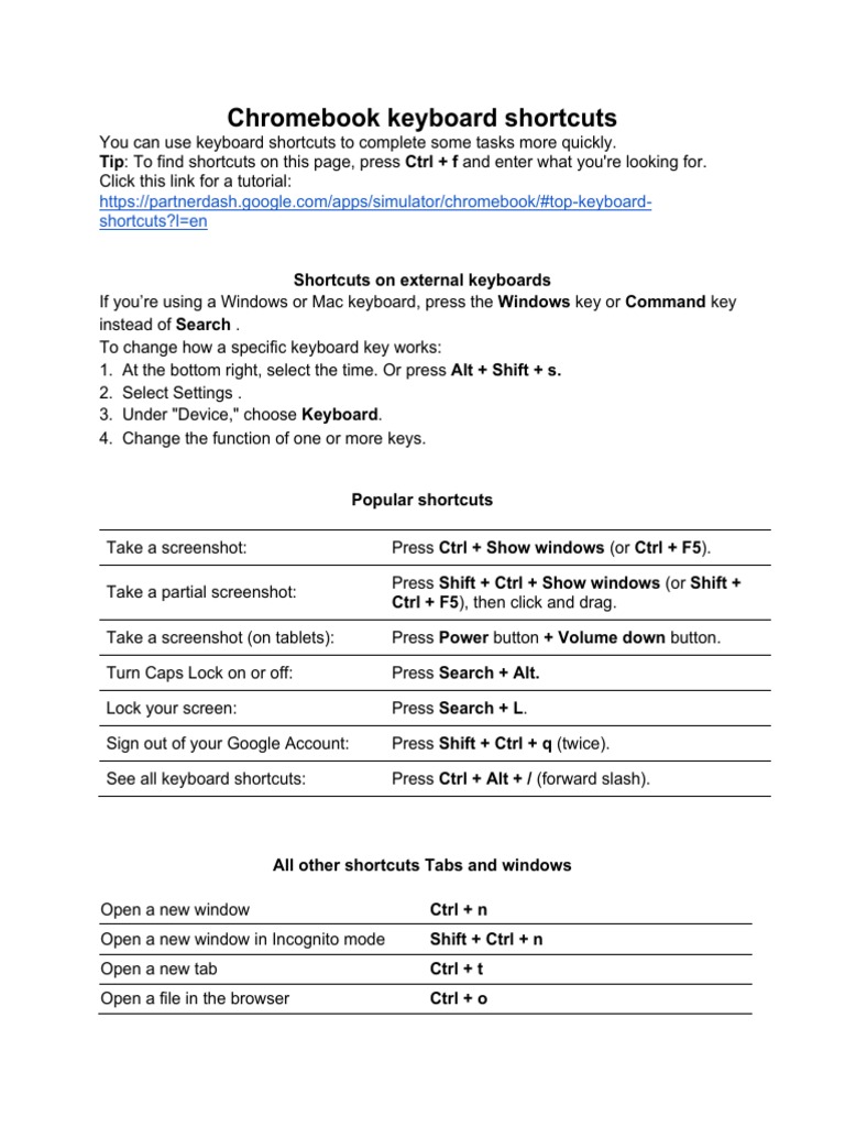 Chromebook Keyboard Shortcuts PDF | PDF | Computer Keyboard | Screenshot