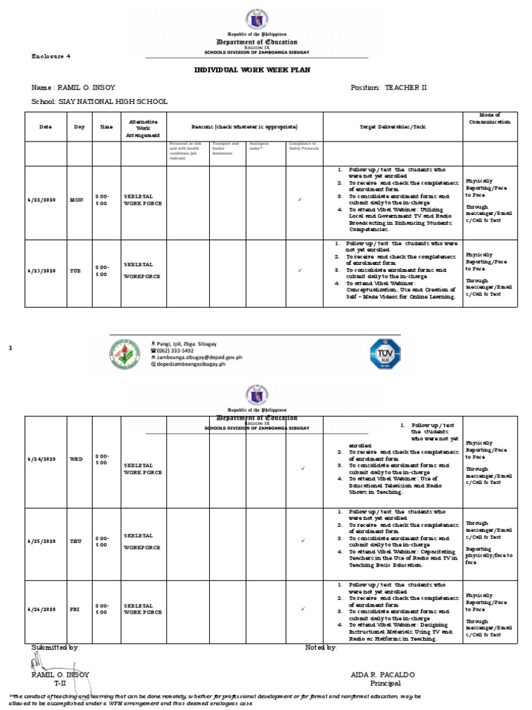 Individual Work Week Plan: Skeletal Workforce Arrangement for Ramil O. Insoy, Teacher II | PDF ...