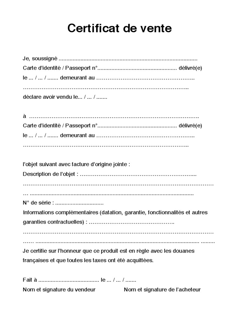 Modele Attestation De Vente Entre Particulier