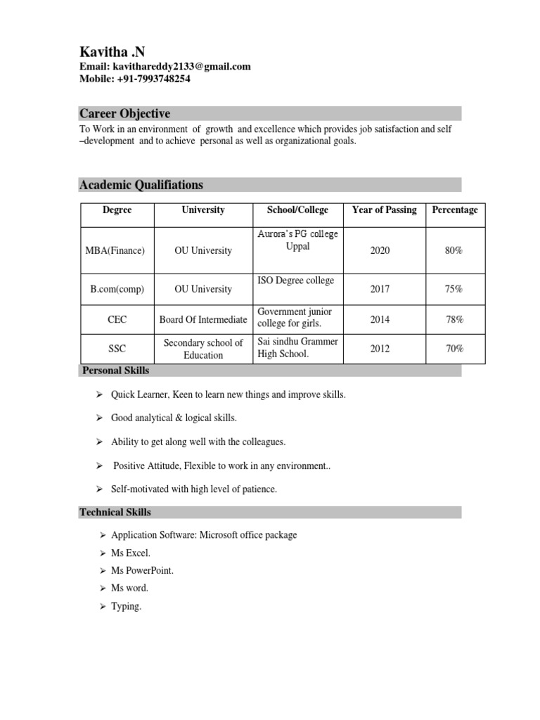 Kavitha Updated Resume | PDF | Cognition | Business