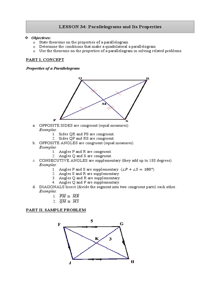 LESSON 34: Parallelograms and Its Properties: Part I. Concept | PDF | Rectangle | Polytopes