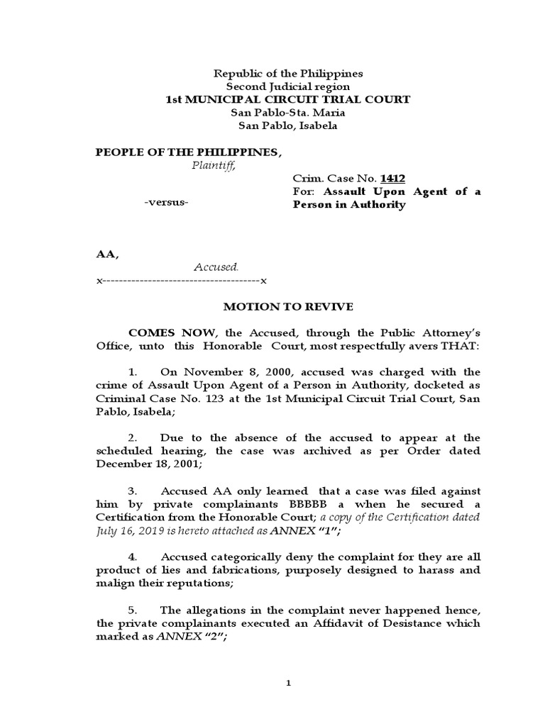 Motion to Revive Assault Case in Isabela | PDF | Plaintiff | Complaint