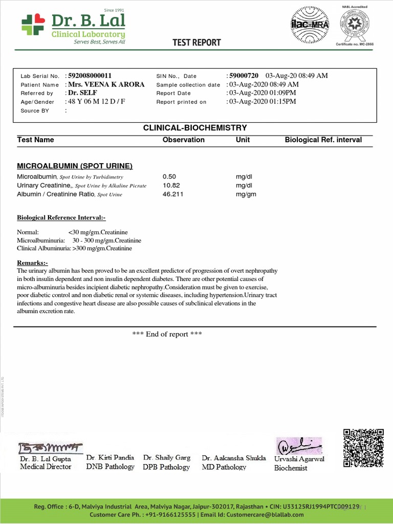 Microalbuminuria Test Results for 48-Year-Old Female Patient with an ...