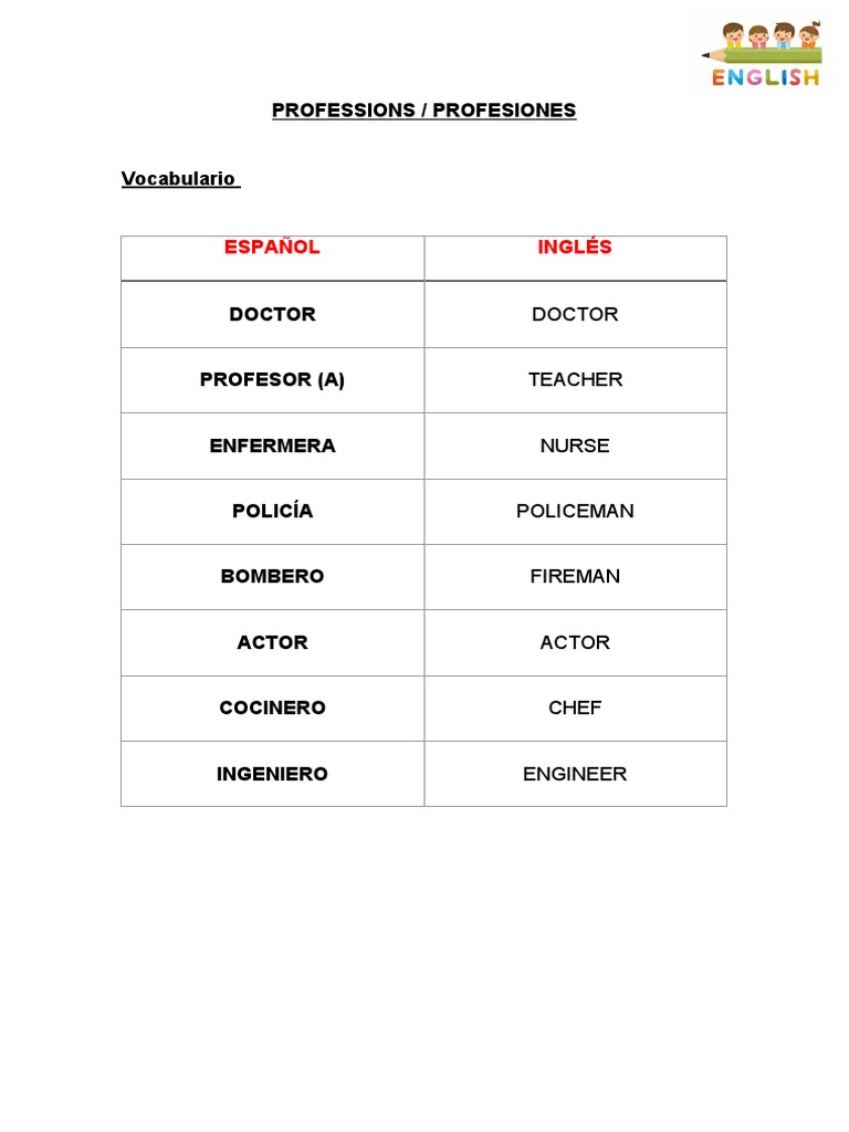 Professions / Profesiones: Español Inglés | PDF | Language Arts ...