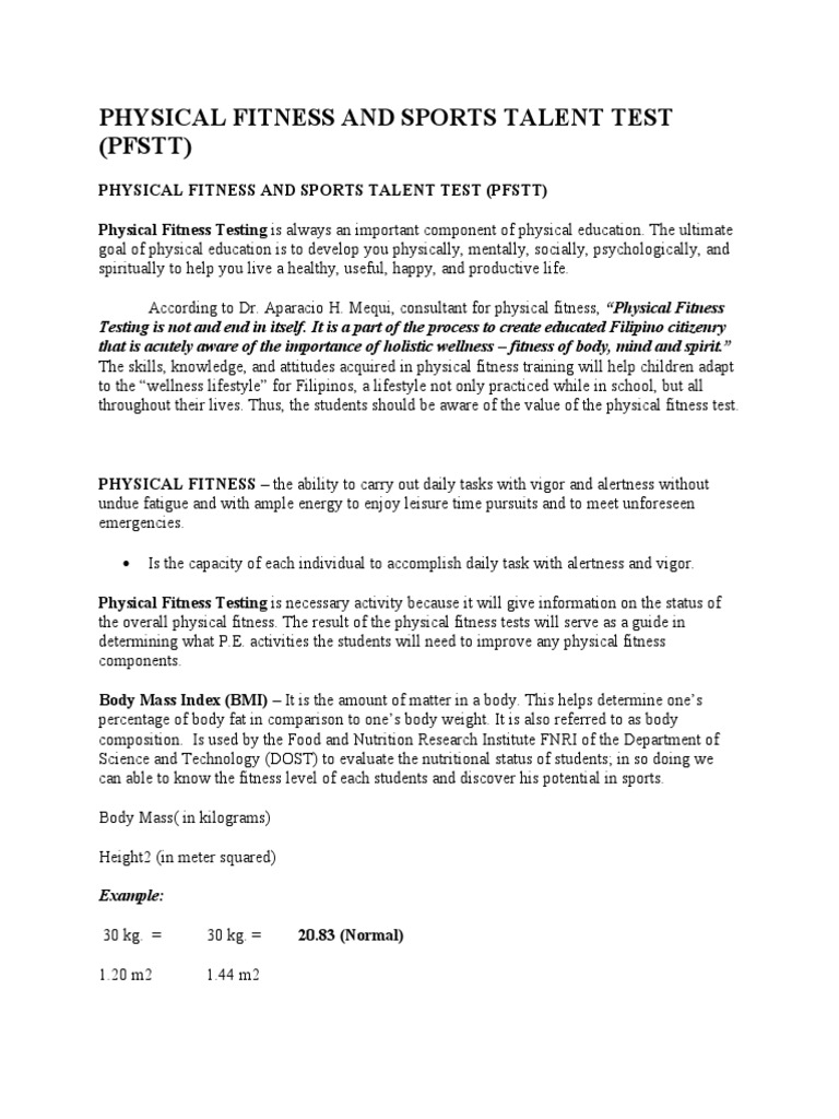 Physical Fitness and Sports Talent Test (PFSTT) | PDF | Physical ...