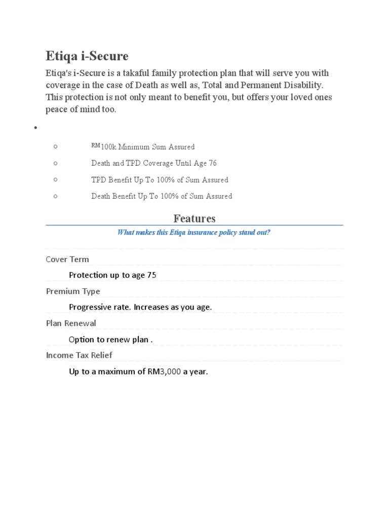 Etiqa I-Secure: Features | PDF | Insurance | Life Insurance