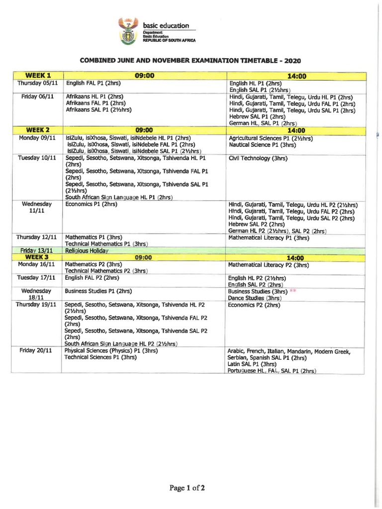 Combined 2020 Examination Timetable | PDF