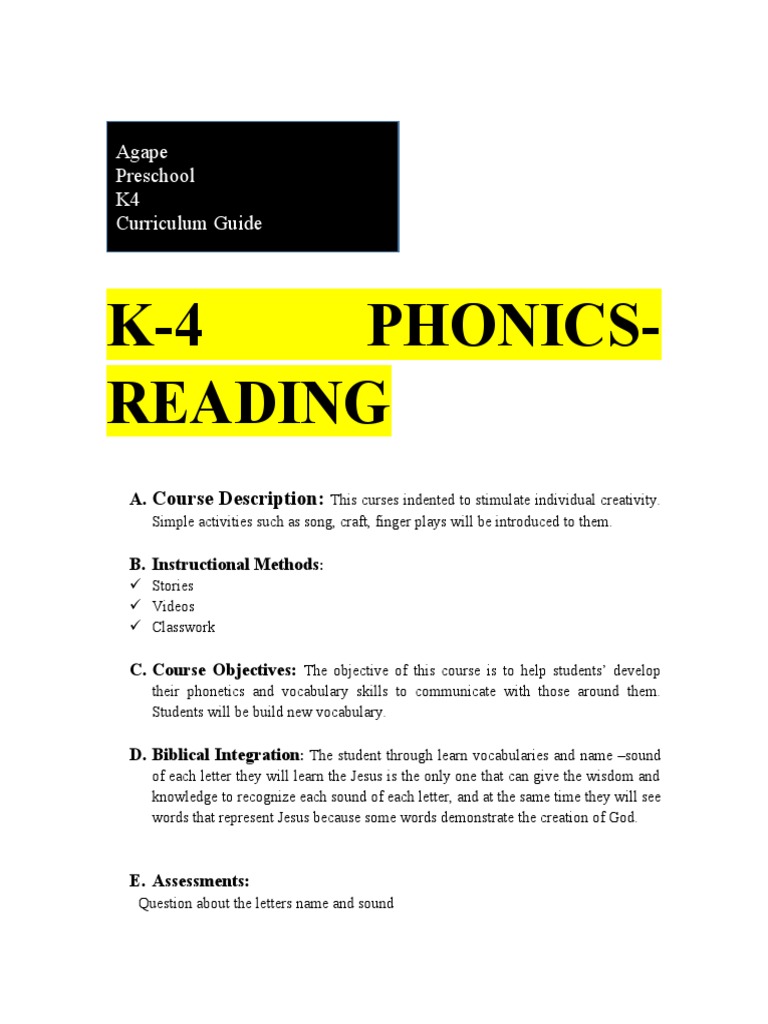 K-4 Phonics-Reading: Agape Preschool K4 Curriculum Guide | PDF | Fruit ...