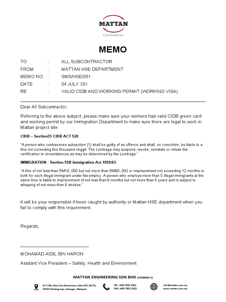 001 Memo - Cidb and Permit | PDF