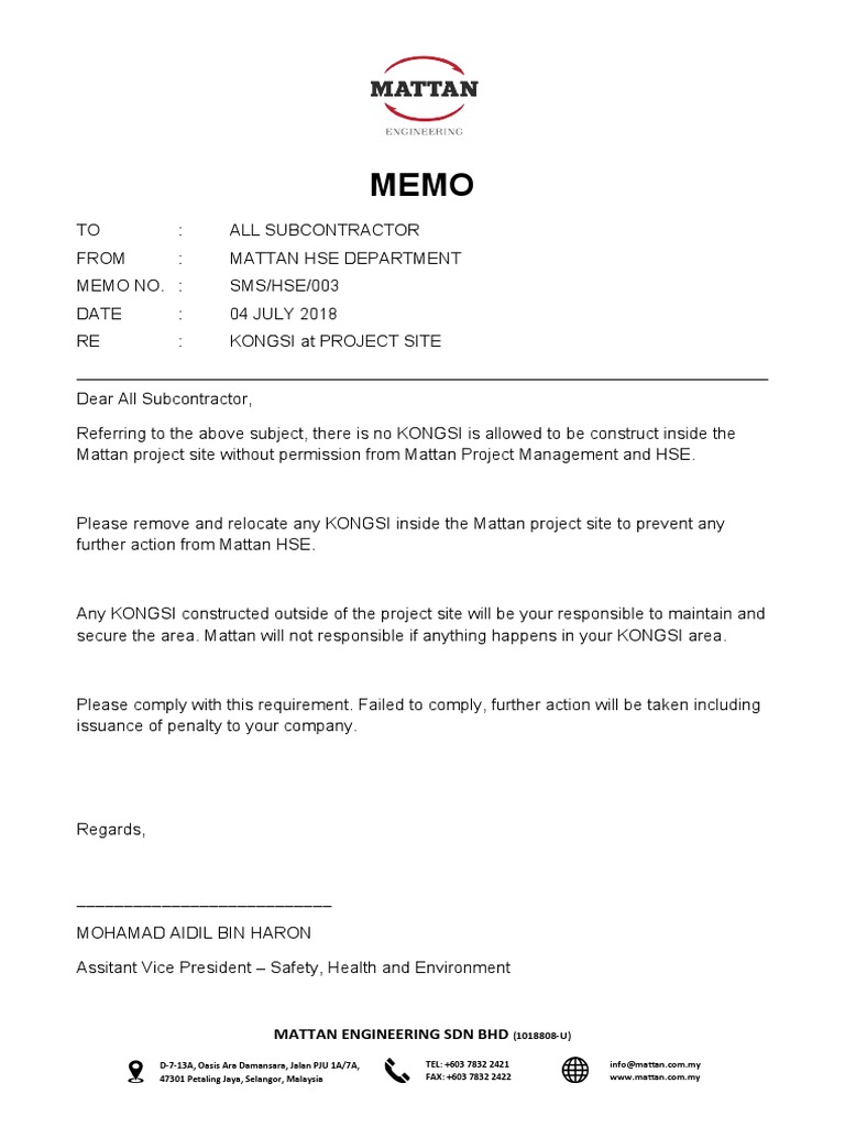 Safety Compliance Memo for Subcontractors | PDF | Business | Finance ...