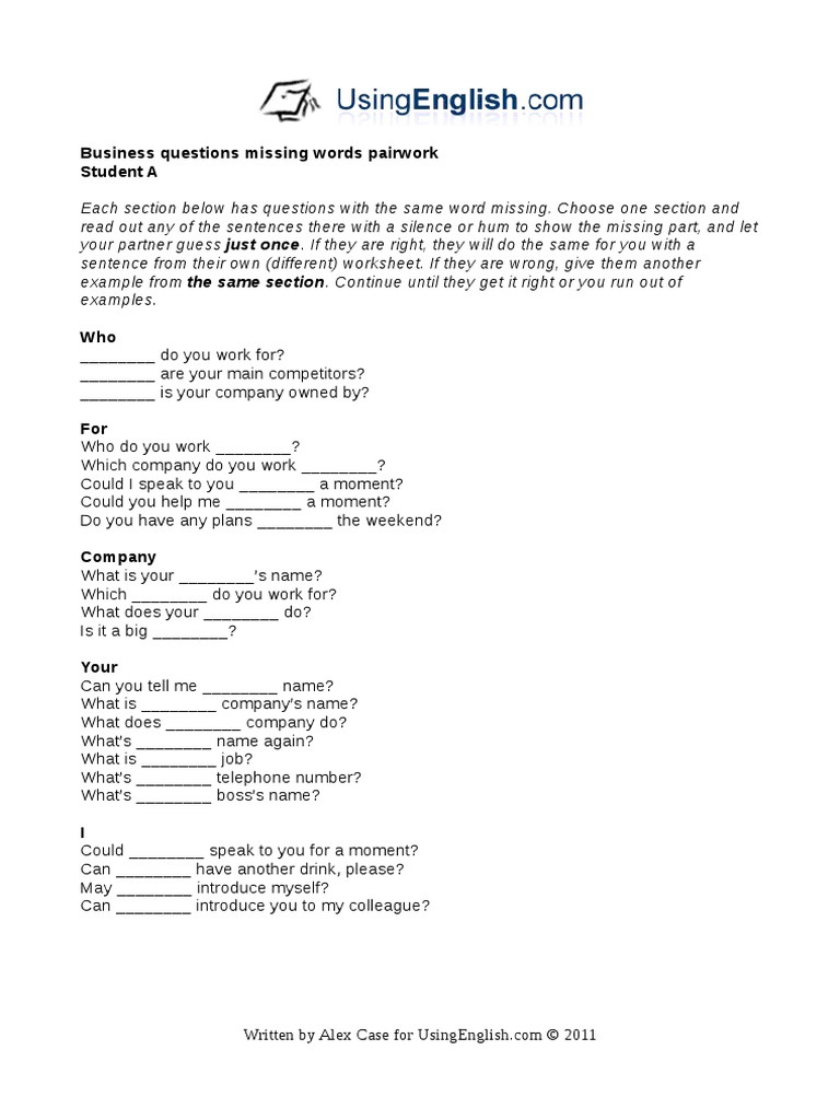 Business English Questions Gaps Pairwork PDF | PDF