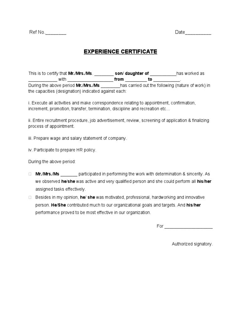 Experience Certificate For HR | PDF