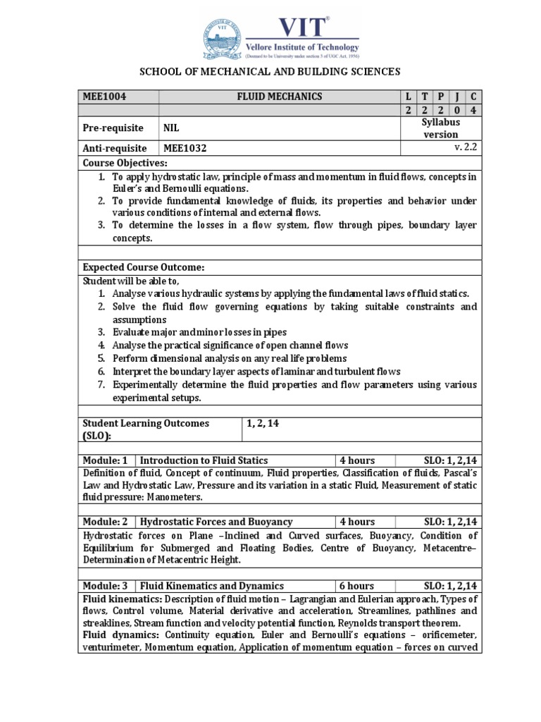 Syllabus MEE1004 FM PDF | PDF | Boundary Layer | Fluid Dynamics