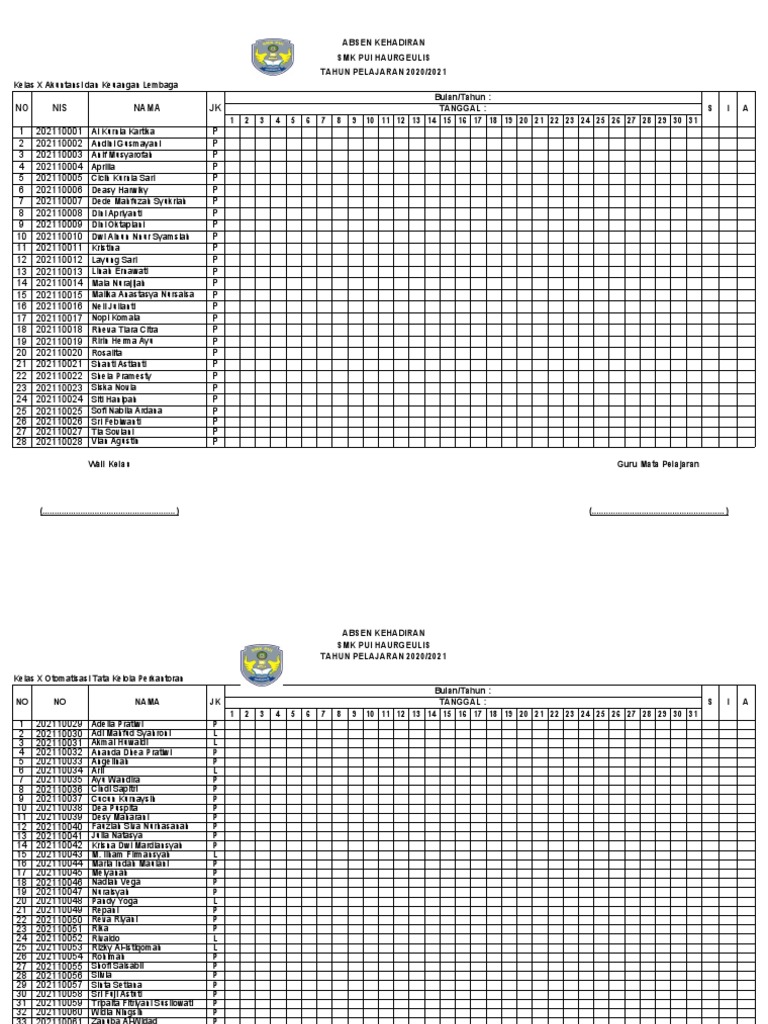Absensi Siswa 2020-2021 | PDF