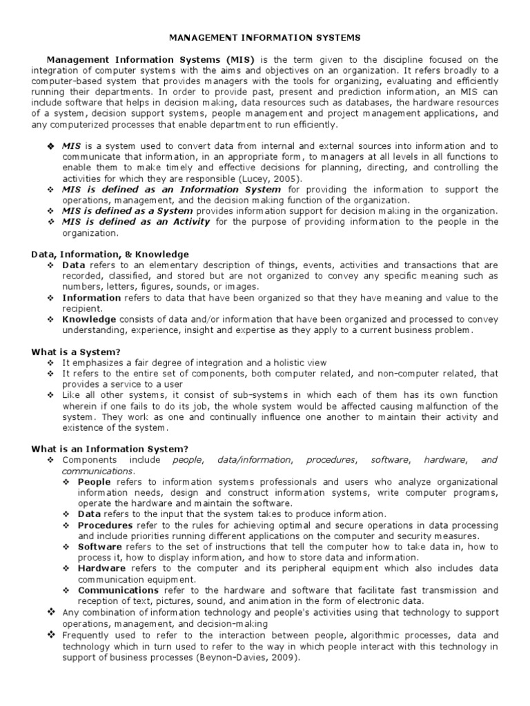 Management Information Systems Management Information Systems (MIS) Is ...