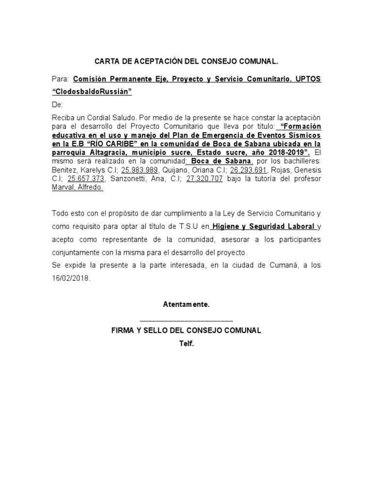 Formato de CARTA DE ACEPTACIÓN DEL CONSEJO COMUNAL | PDF