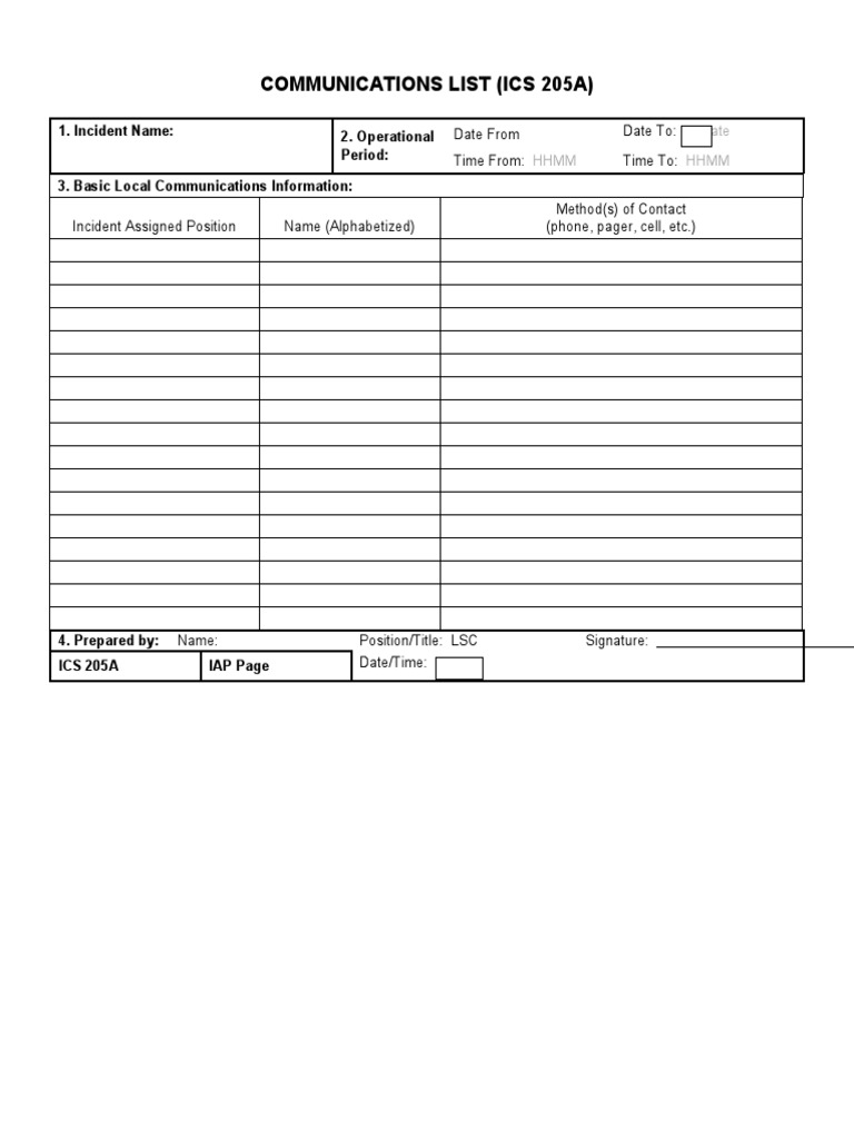 Communications List (Ics 205A) : Date From Date To: Time From: Time To ...