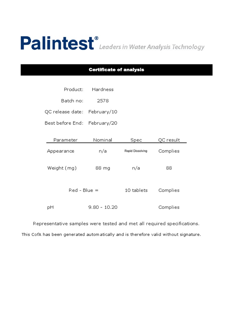 Certificate of Analysis: This Cofa Has Been Generated Automatically and ...