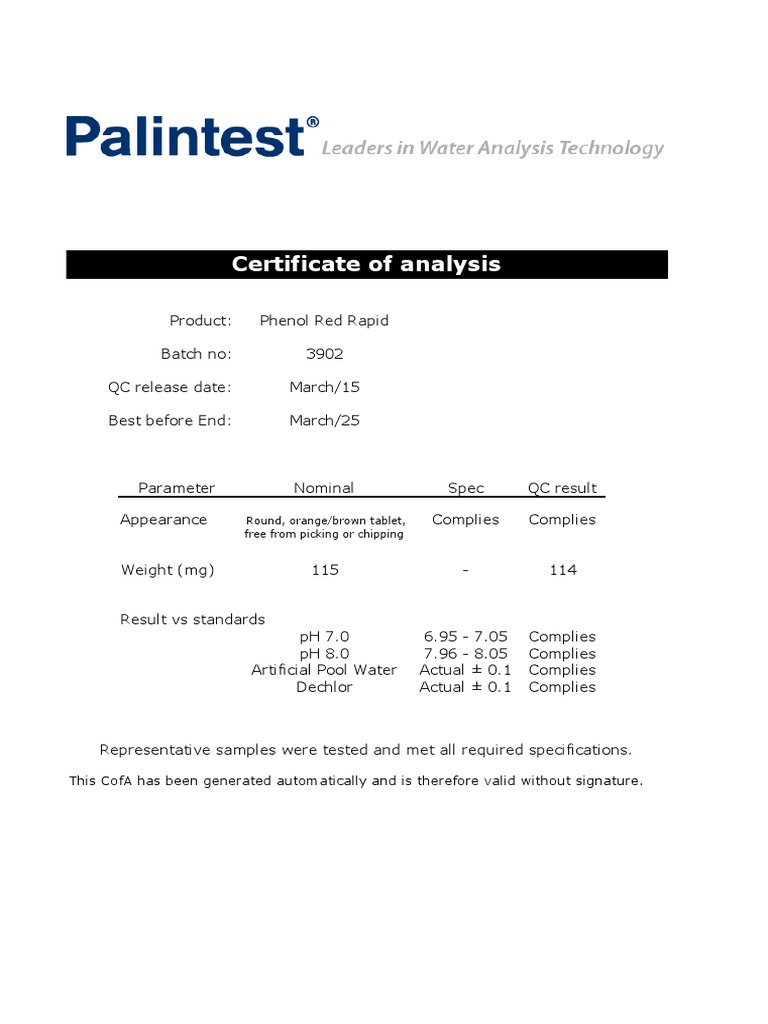 Certificate of Analysis: This Cofa Has Been Generated Automatically and ...
