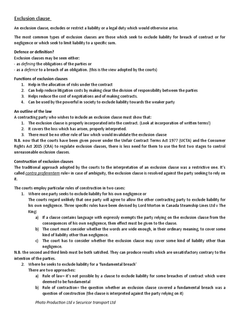 Exclusion Clause: Defence or Definition? | PDF | Negligence | Social ...