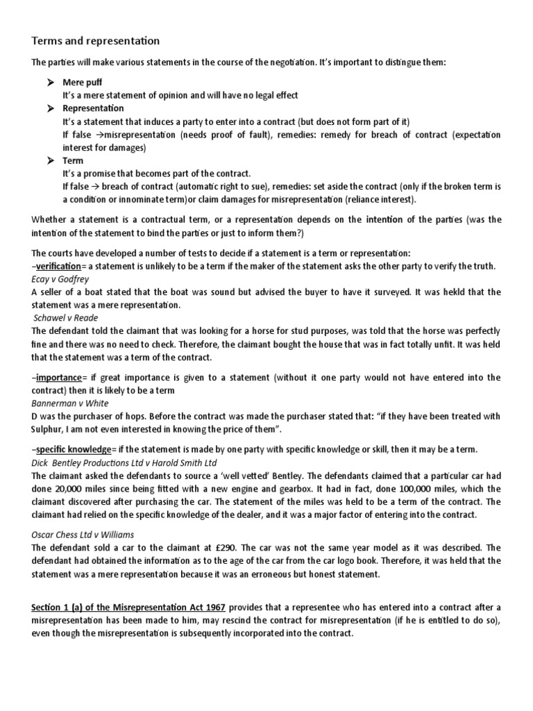 Terms and Representation | PDF | Contract Law | Business Law