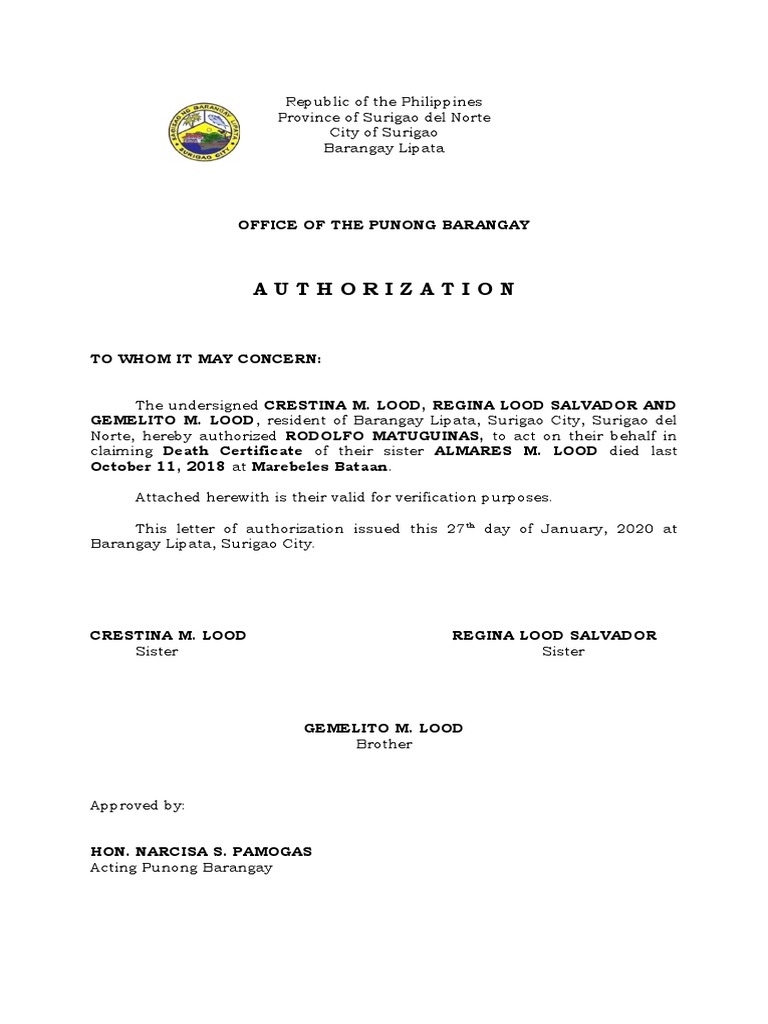 Authorization Letter For Death Certificate | PDF