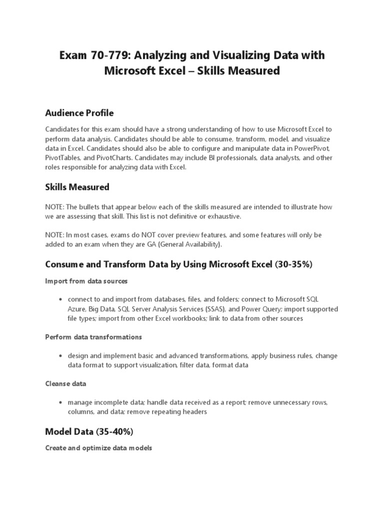 Exam 70 779 Analyzing and Visualizing Data With Microsoft Excel Skills Measured | PDF ...