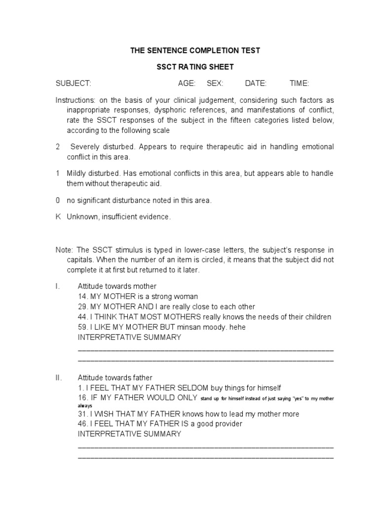The Sentence Completion Test SSCT Rating Sheet: Stand Up For Himself ...