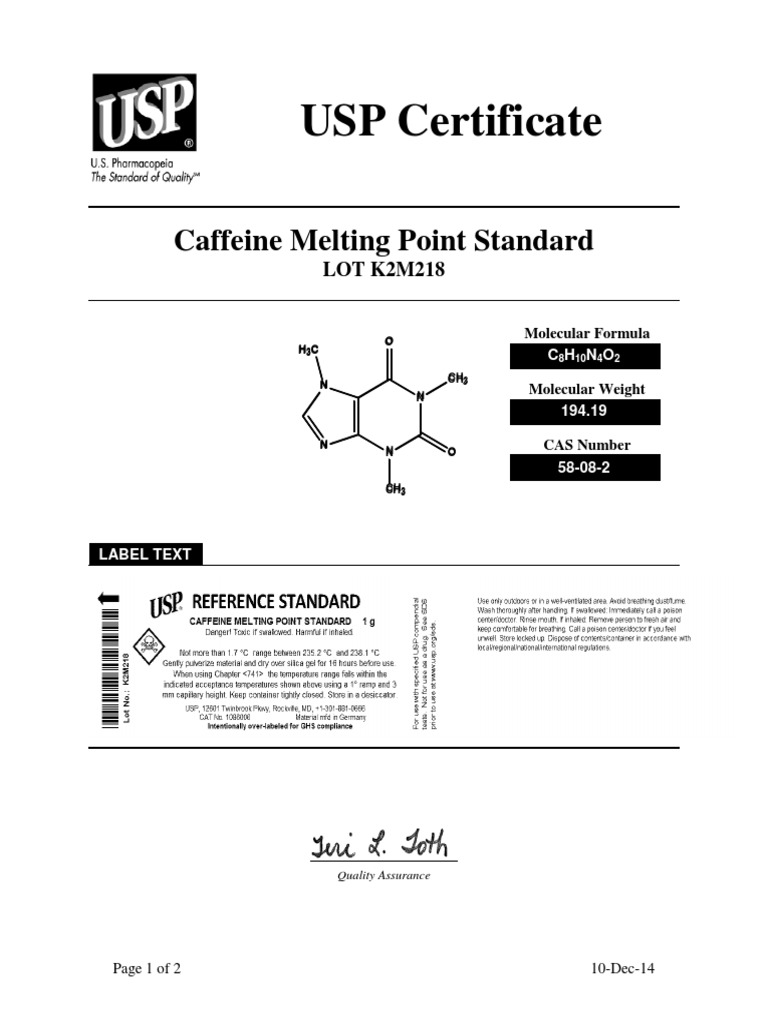 USP Certificate: Caffeine Melting Point Standard | PDF | Civil Law ...