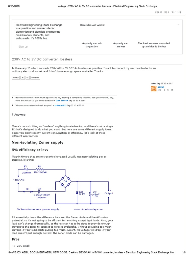 230V AC To 5V DC Converter, Lossless - Electrical Engineering Stack ...