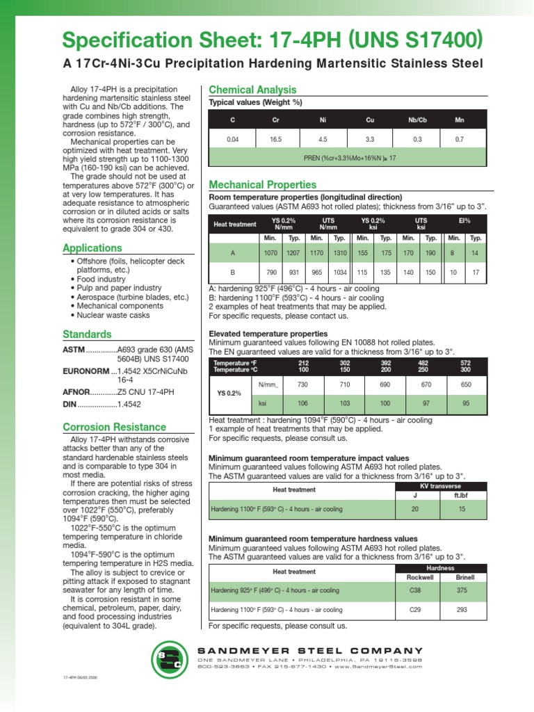 Specification Sheet: 17-4PH (UNS S17400) : A 17Cr-4Ni-3Cu Precipitation ...