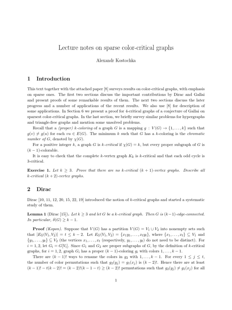 Lecture Notes On Sparse Color-Critical Graphs: Alexandr Kostochka ...