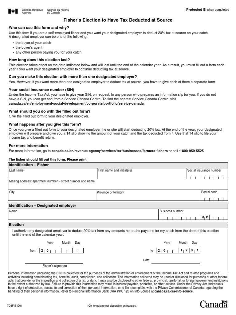 Fisher's Election To Have Tax Deducted at Source: Protected B | PDF ...