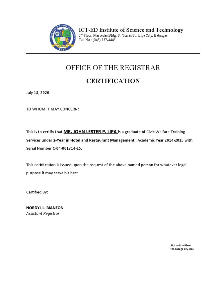 Office of The Registrar: Certification | PDF