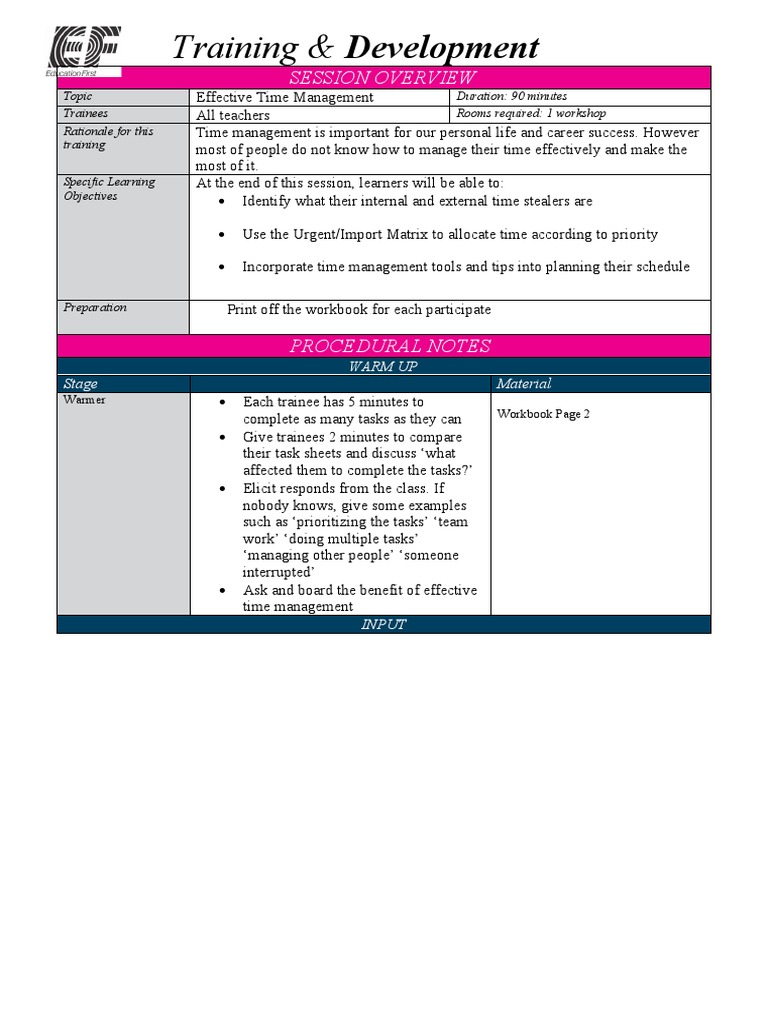 Effective Time Managment - Session Plan | PDF | Psychological Concepts ...