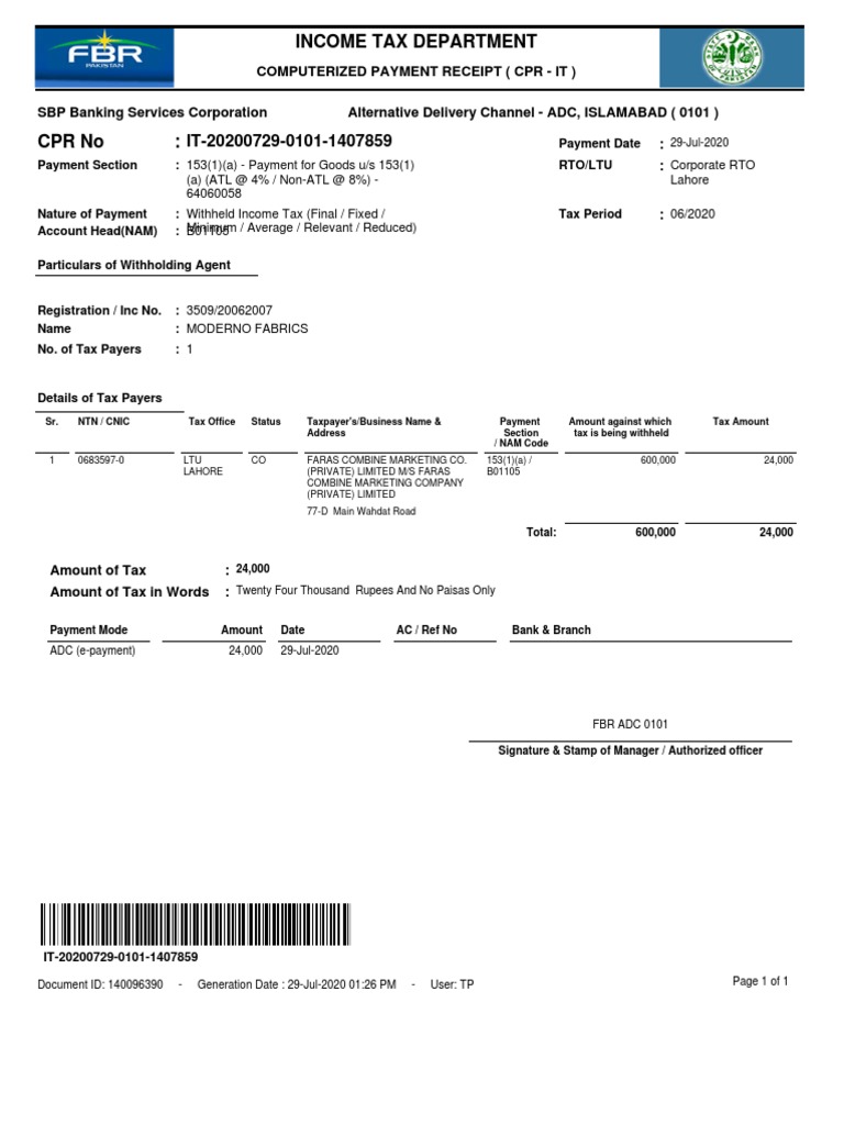 Income Tax Department: Computerized Payment Receipt (CPR - It) | PDF ...