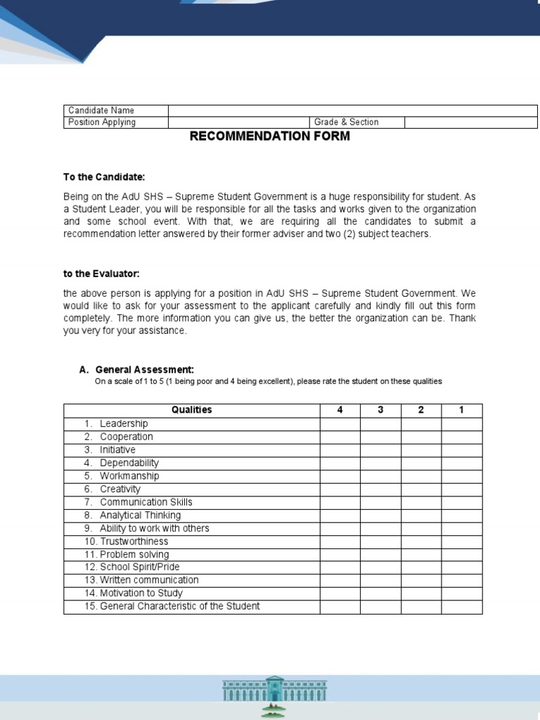 Recommendation Form: To The Candidate | PDF | Leadership | Creativity