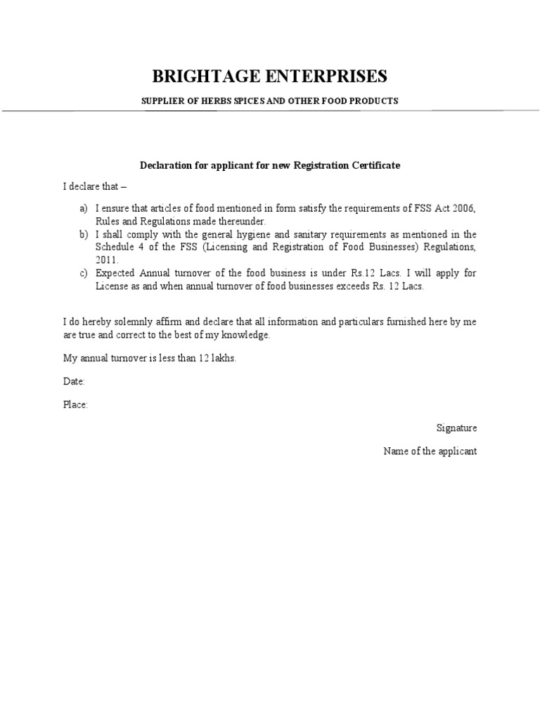 Brightage Enterprises: Declaration For Applicant For New Registration ...