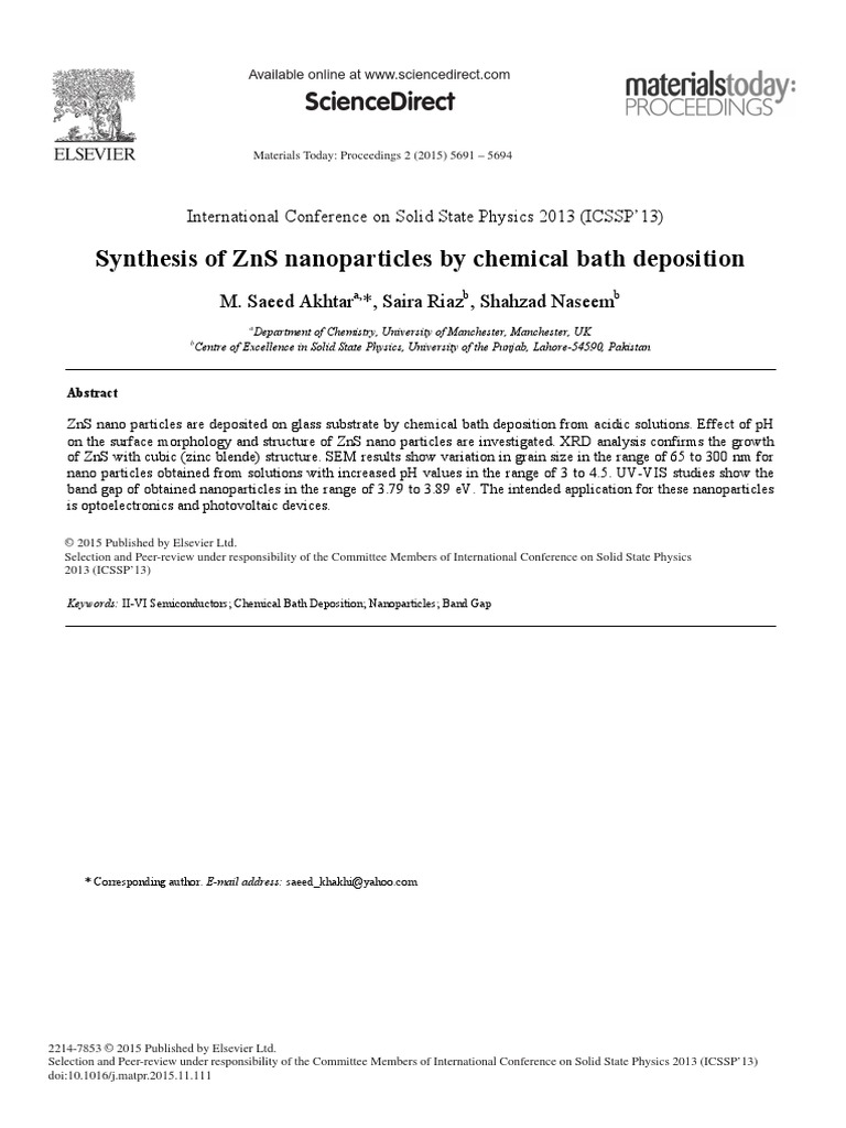 ZNS - Synthesis of ZNS Nanoparticles by Chemical Bath Deposition | PDF ...