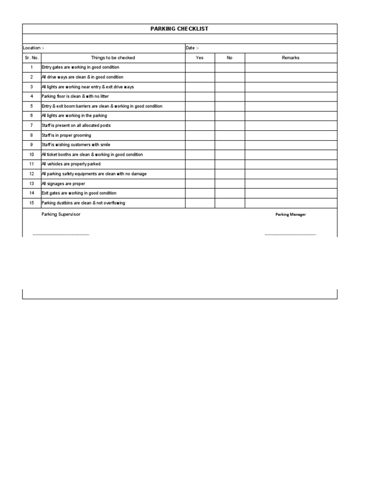 Parking Checklist: Date:-Sr. No. Things To Be Checked Yes No Remarks ...